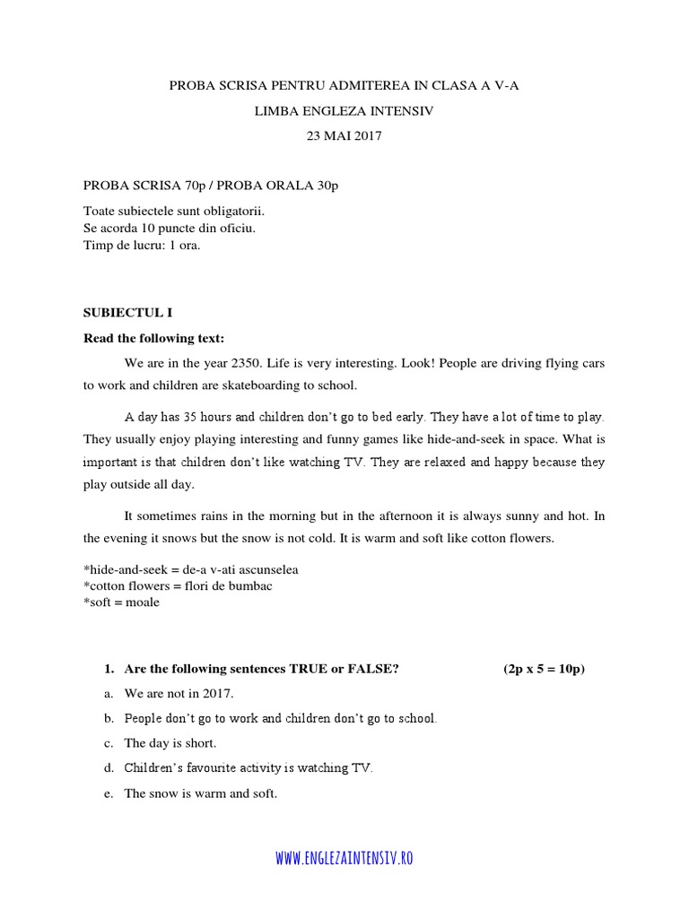 PROBA SCRISA PENTRU ADMITEREA IN CLASA A V-A LIMBA ENGLEZA INTENSIV | PDF