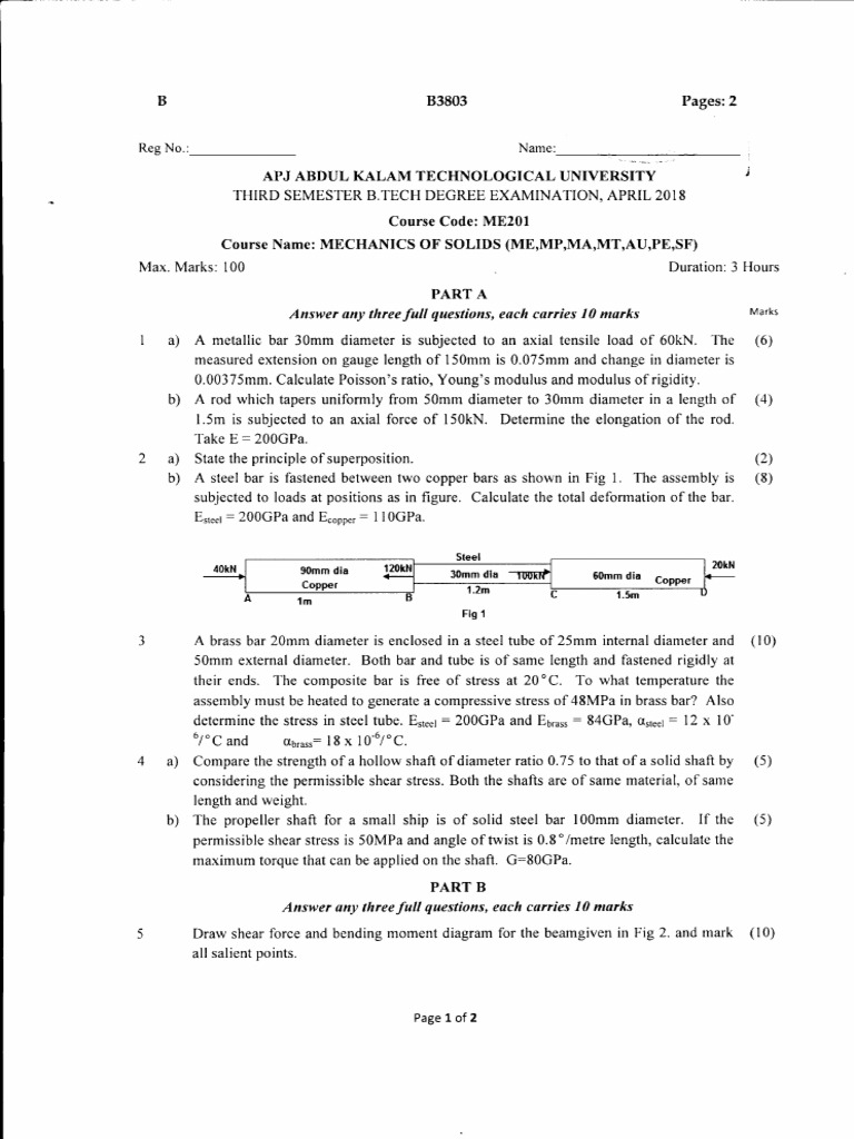 s3 B Tech Mechanics of Solids April 2018 | PDF