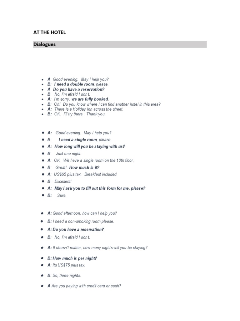 AT THE HOTEL Dialogues | PDF