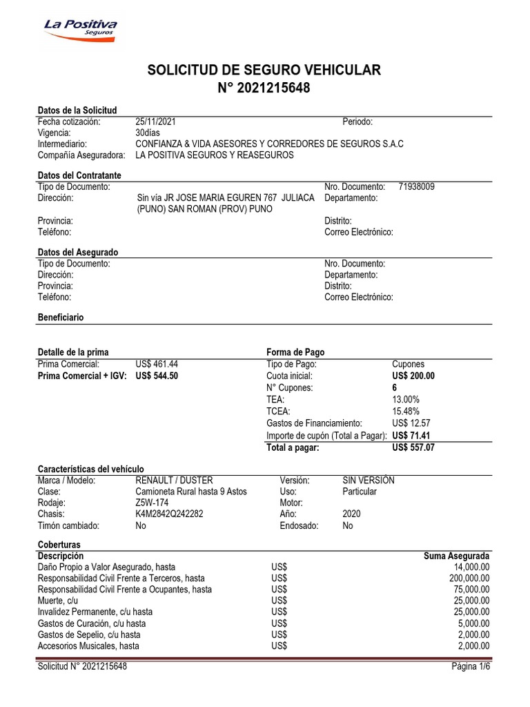 Solicitud de Seguro Vehicular #2021215648 | PDF | Póliza de seguros ...