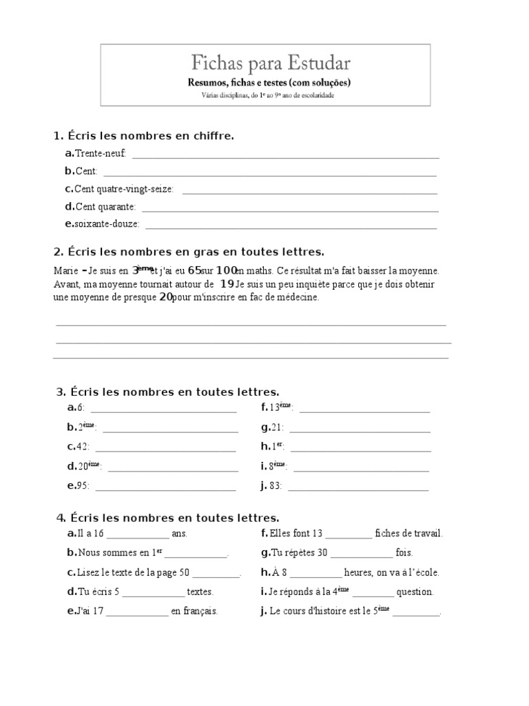 Ficha Frances 7 Les Nombres Cardinaux Et Ordinaux | PDF