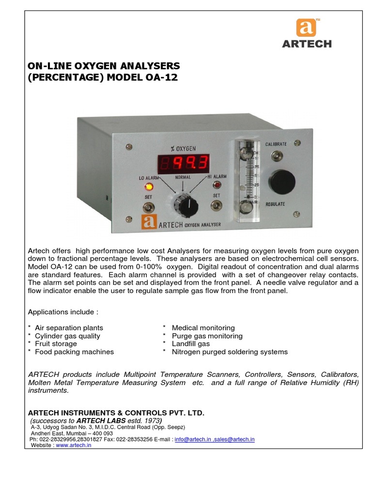 On-Line Oxygen Analysers (Percentage) Model Oa-12: Artech Instruments ...