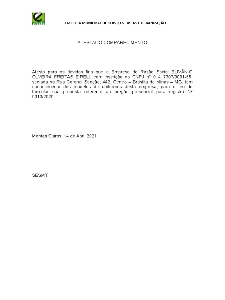 Modelo de Atestado Comparecimento | PDF Modelo de Atestado Comparecimento | PDF