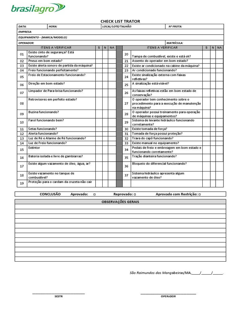Check List Trator | PDF | Veículos | Trator