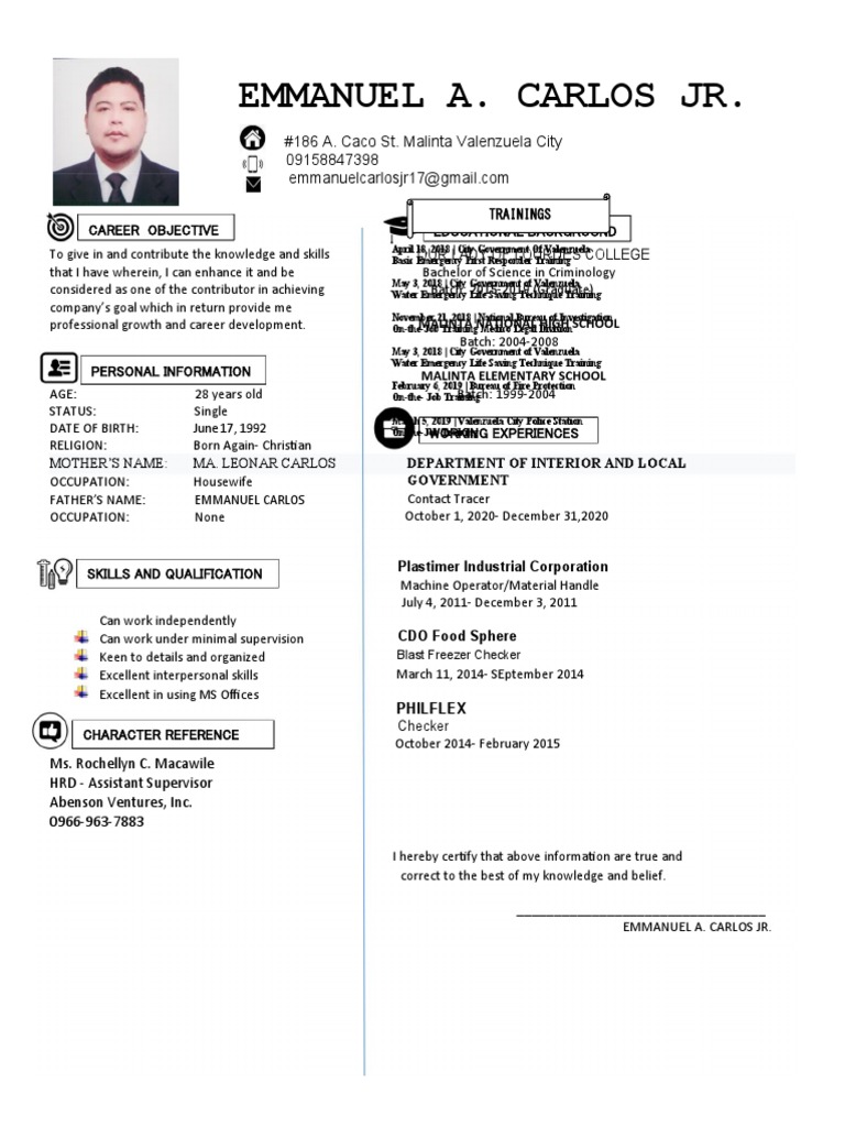 Emmanuel A. Carlos Jr. Resume | PDF | Cognition