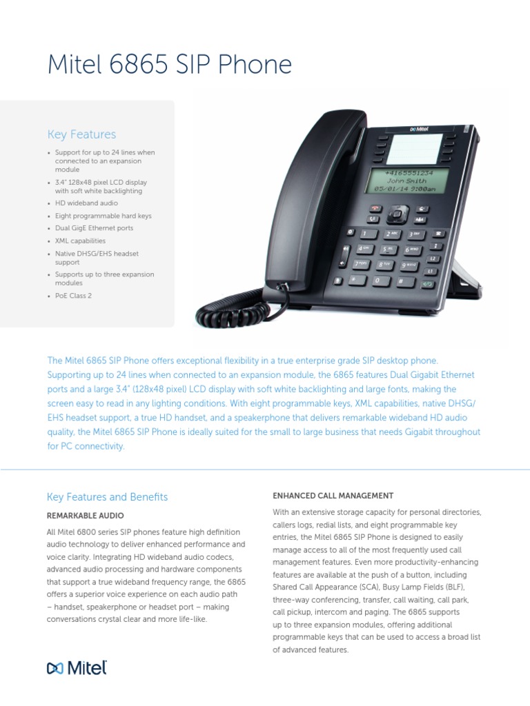 Mitel 6865 SIP Phone: Key Features | PDF | Session Initiation Protocol ...
