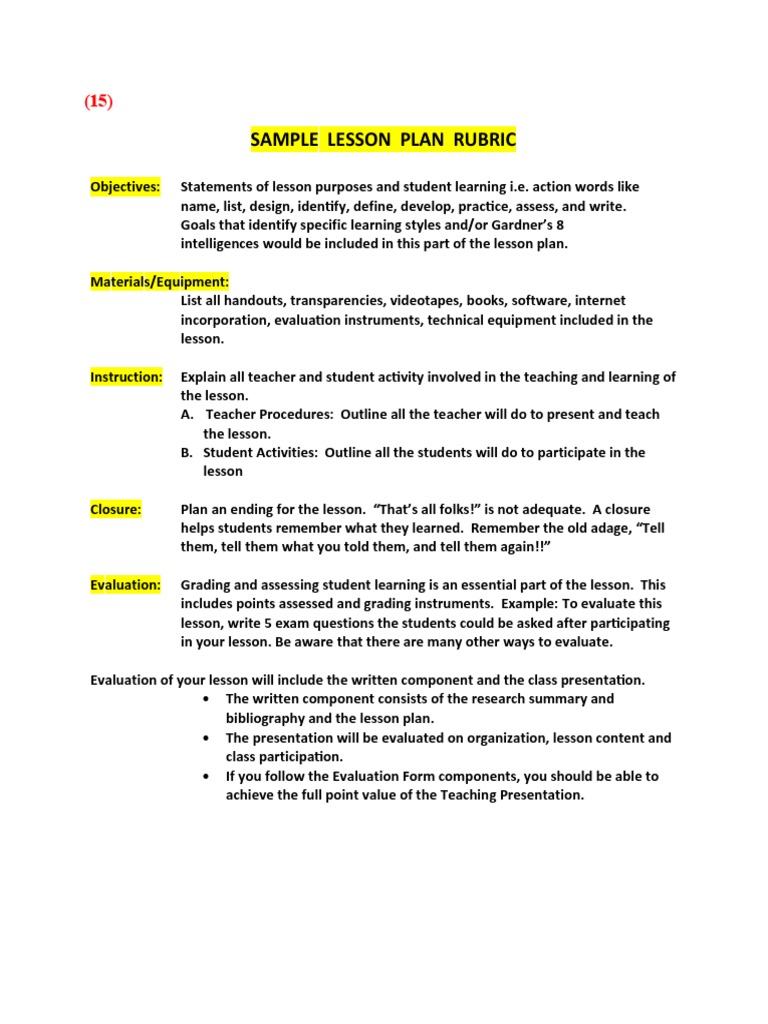 Sample Lesson Plan Rubric | PDF | Lesson Plan | Educational Assessment