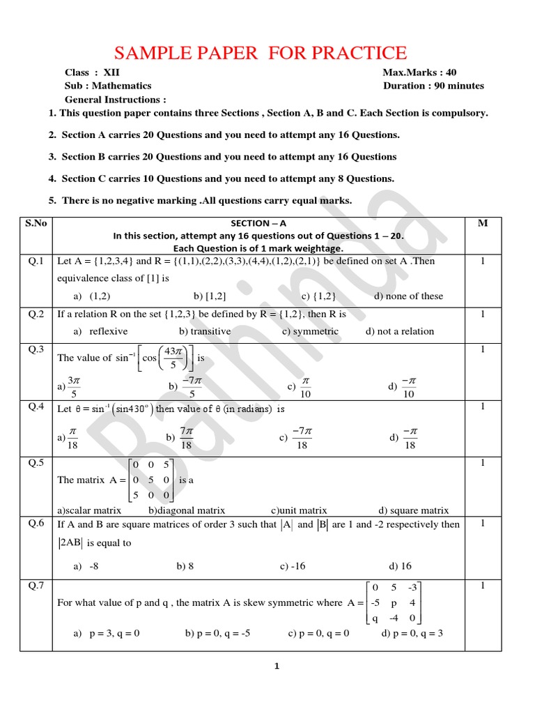 Mathematics Sample Paper for Practice: Analysis of Content and ...