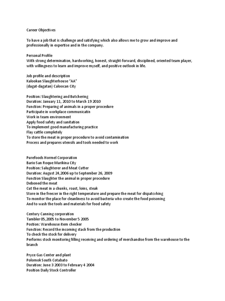 Career Objectives | PDF | Cooking, Food & Wine