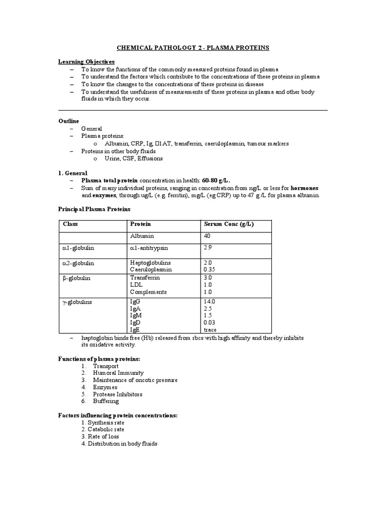 Chemical Pathology 2 - Plasma Proteins | PDF | C Reactive Protein ...