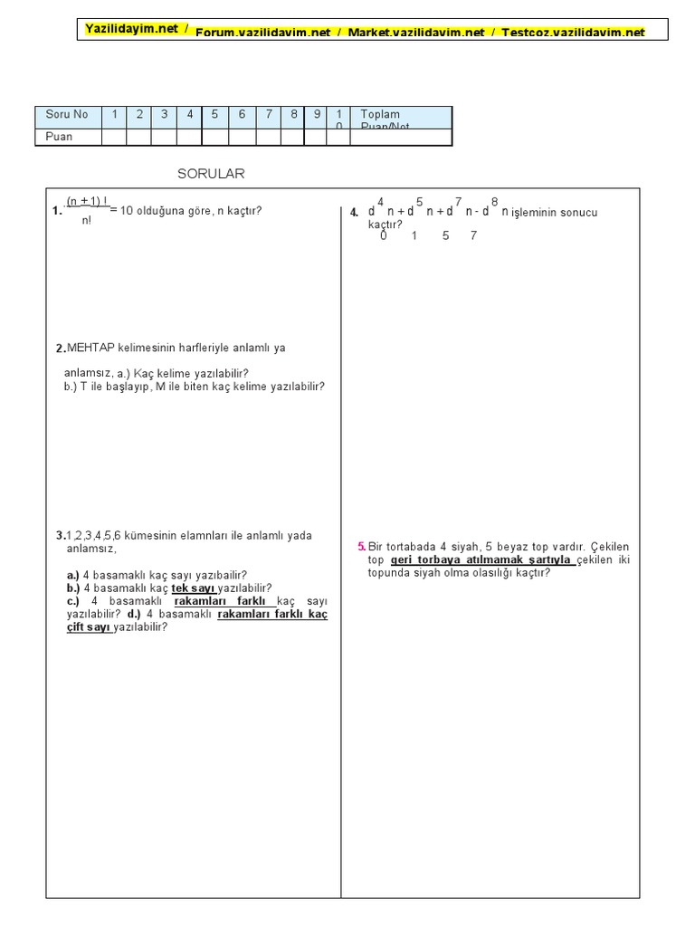 10.sinif Matematik 1.donem 1.yazili Yeni 2 | PDF