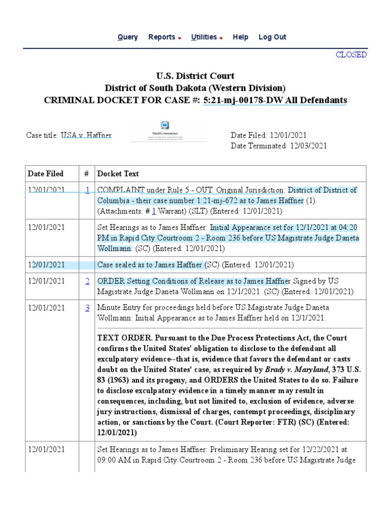 USA V Haffner SD MJ Case Docket Report | PDF | Complaint | Courtroom