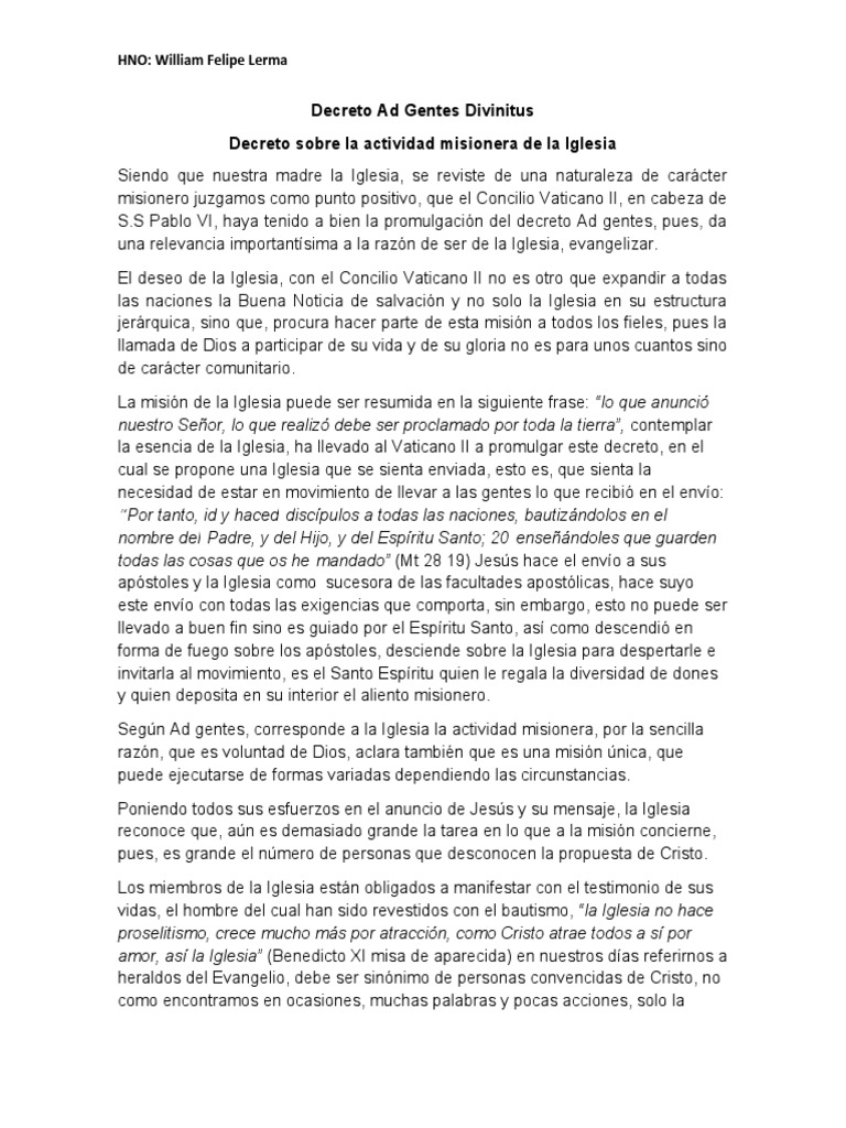 Decreto Ad Gentes - WILLIAM FELIPE LERMA, OFM | PDF | Iglesia Católica ...