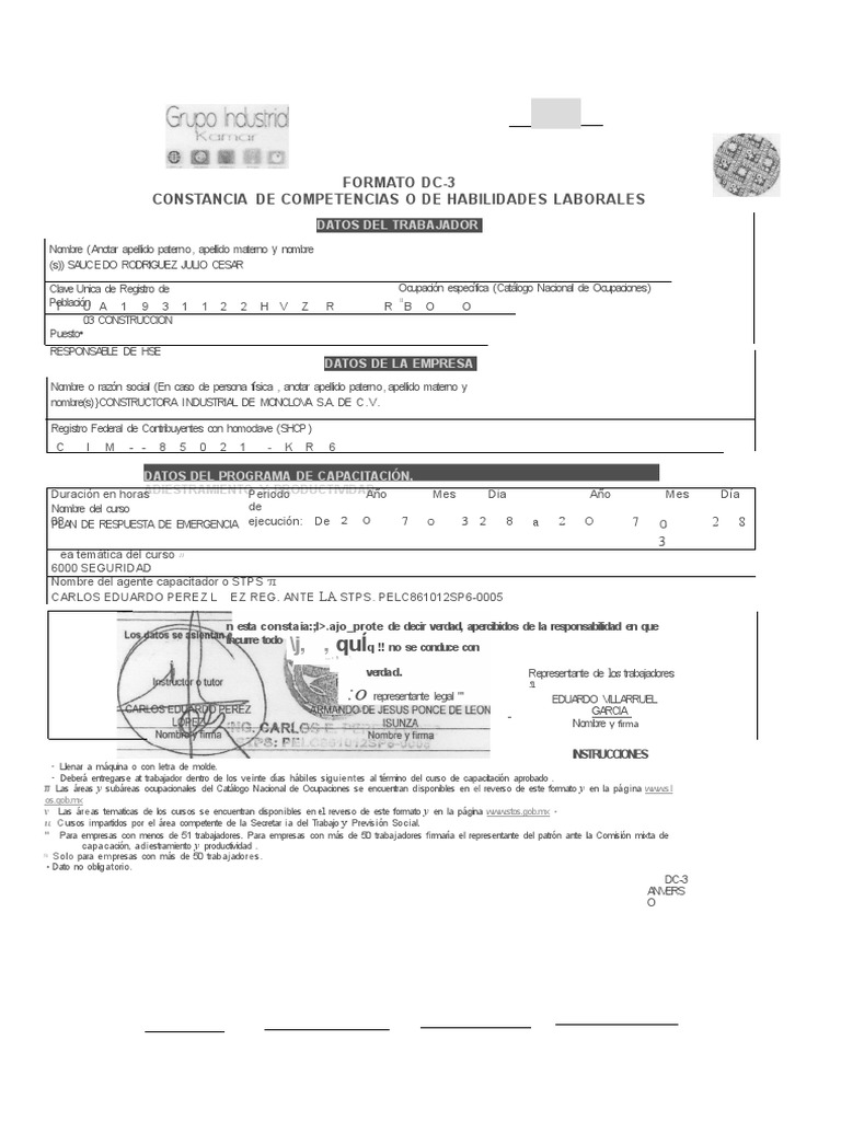 Formato Dc-3 Constancia de Competencias O de Habilidades Laborales | PDF