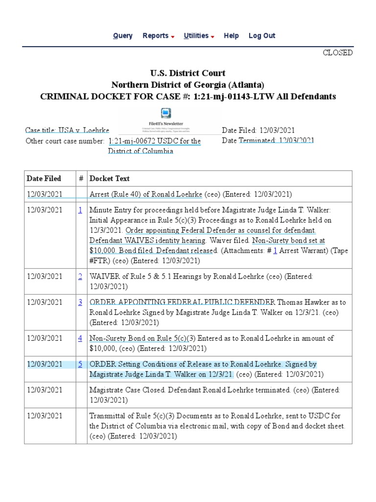 USA V Loehrke - DGA-MJ Case Docket Report | PDF | Magistrate | Arrest