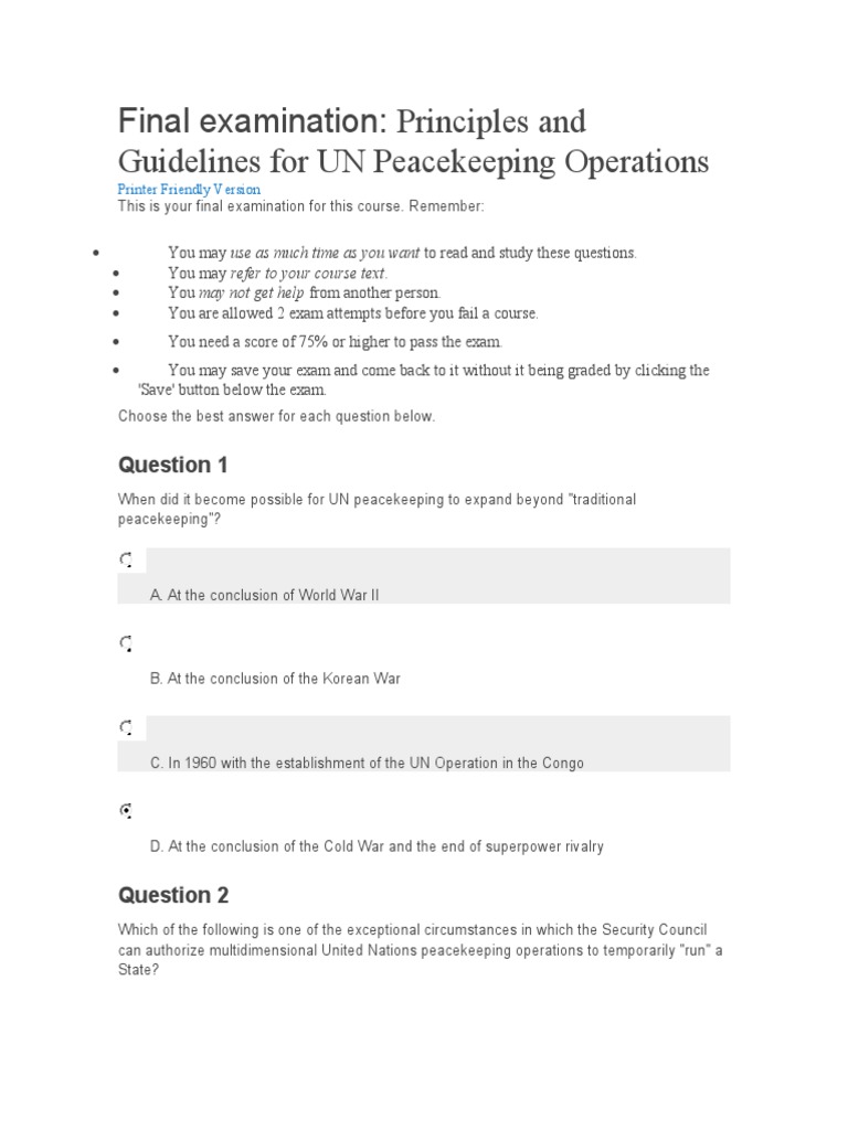 Final Examination: Principles and Guidelines For UN Peacekeeping ...
