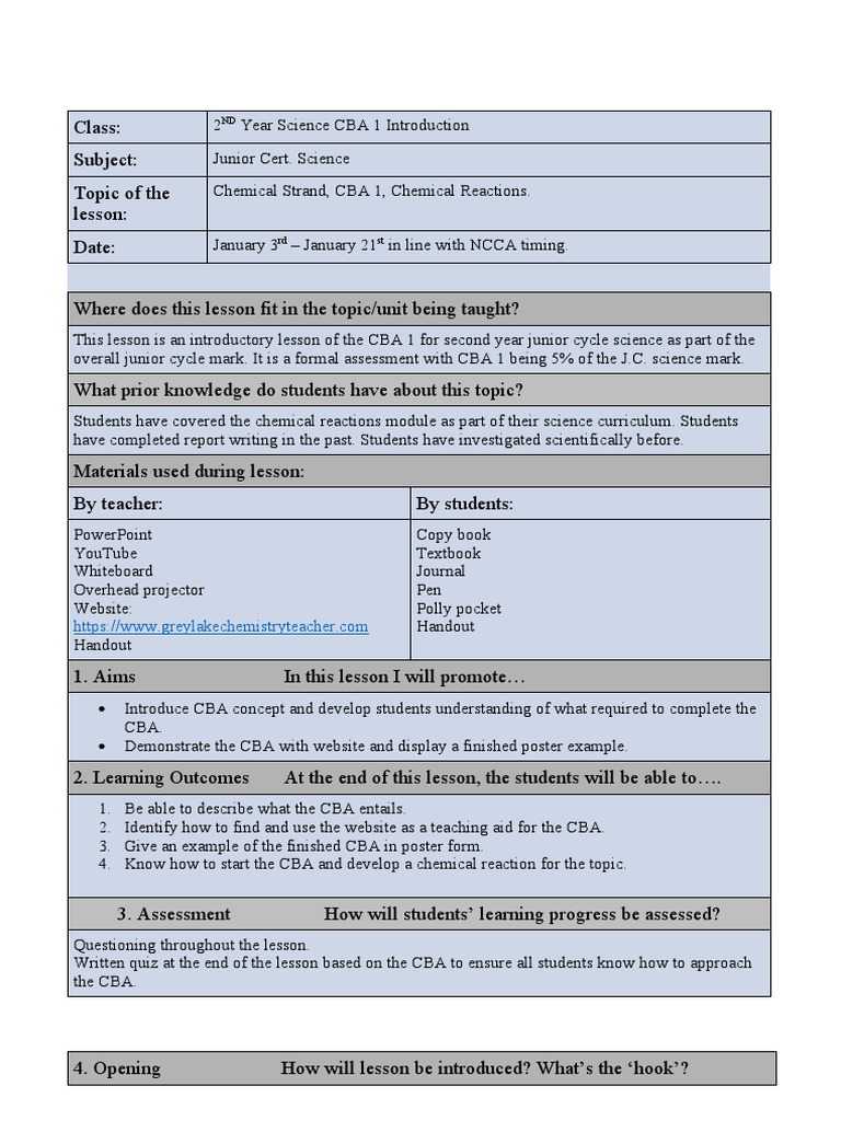 Cba Lesson Plan | PDF | Teachers | Science