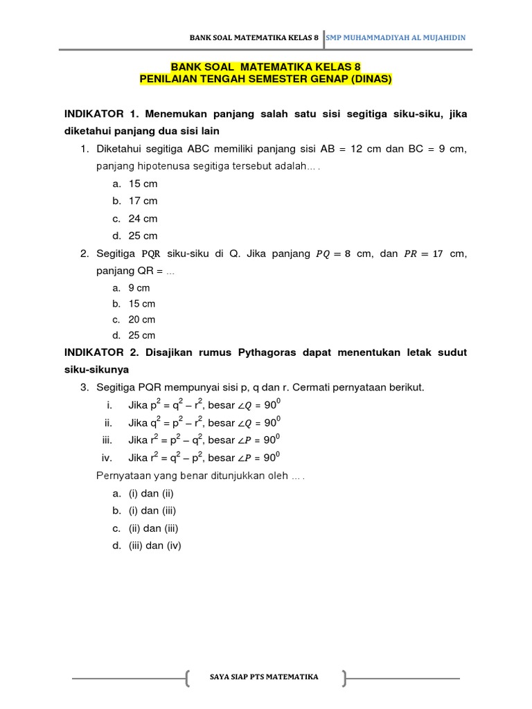 Bank Soal Matematika PTS Dinas Kelas 8 | PDF | Metode & Bahan Ajar | Griya & Taman