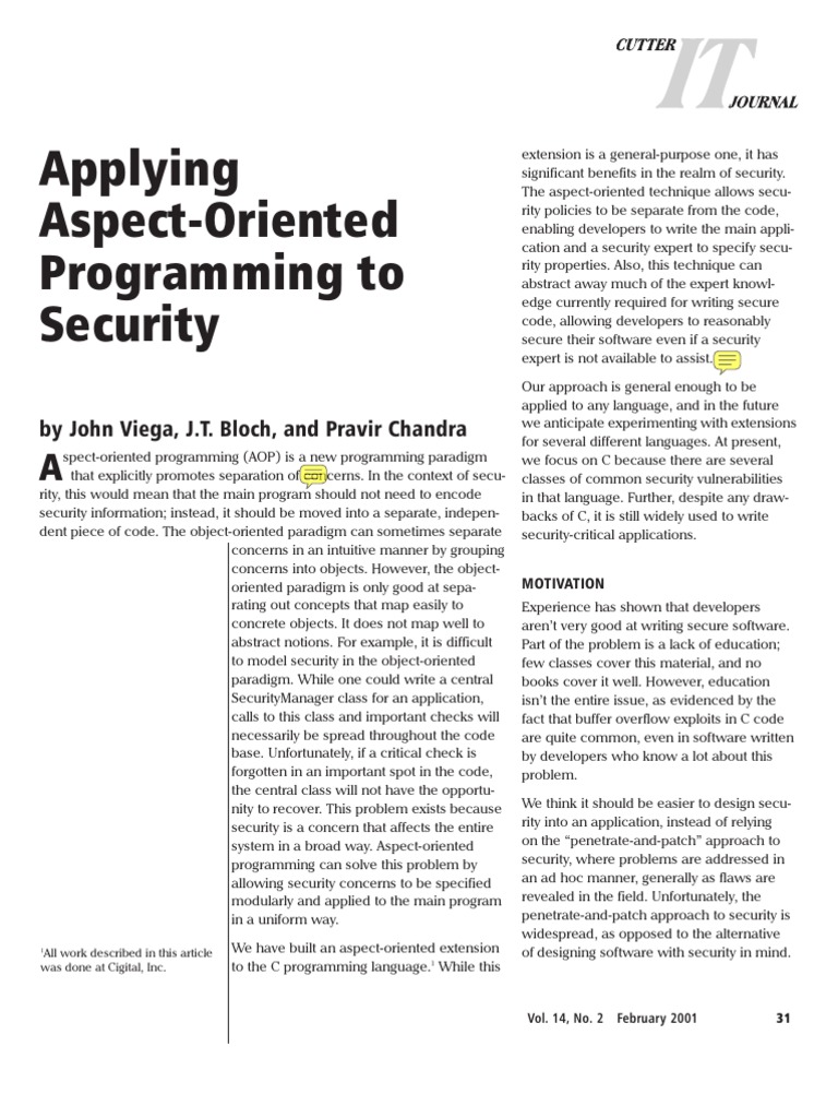 Applying Aspect-Oriented Programming To Security: by John Viega, J.T ...