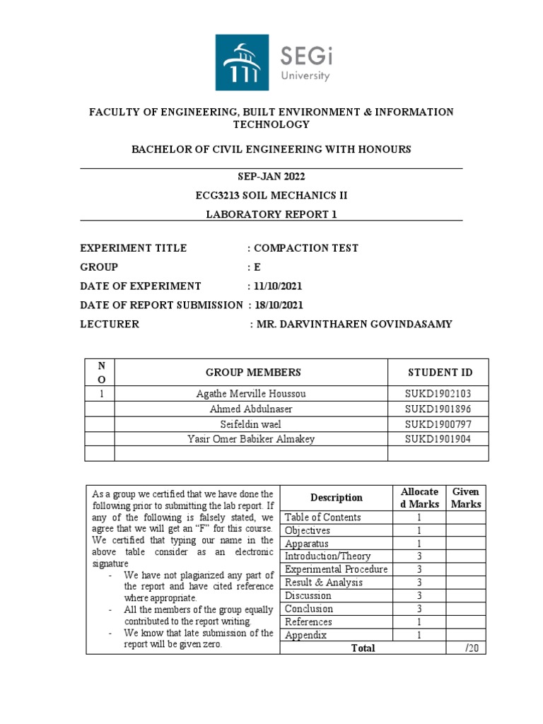 Compaction Test Lab Report Group E | PDF | Soil | Applied And ...