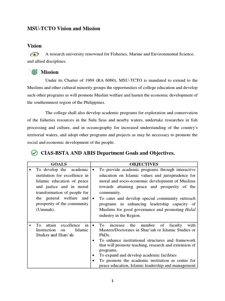 MSU-TCTO Vision and Mission: A Research University Renowned For ...