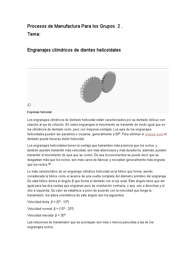 Engranajes Cilíndricos de Dientes Helicoidales Tema para Procesos de ...