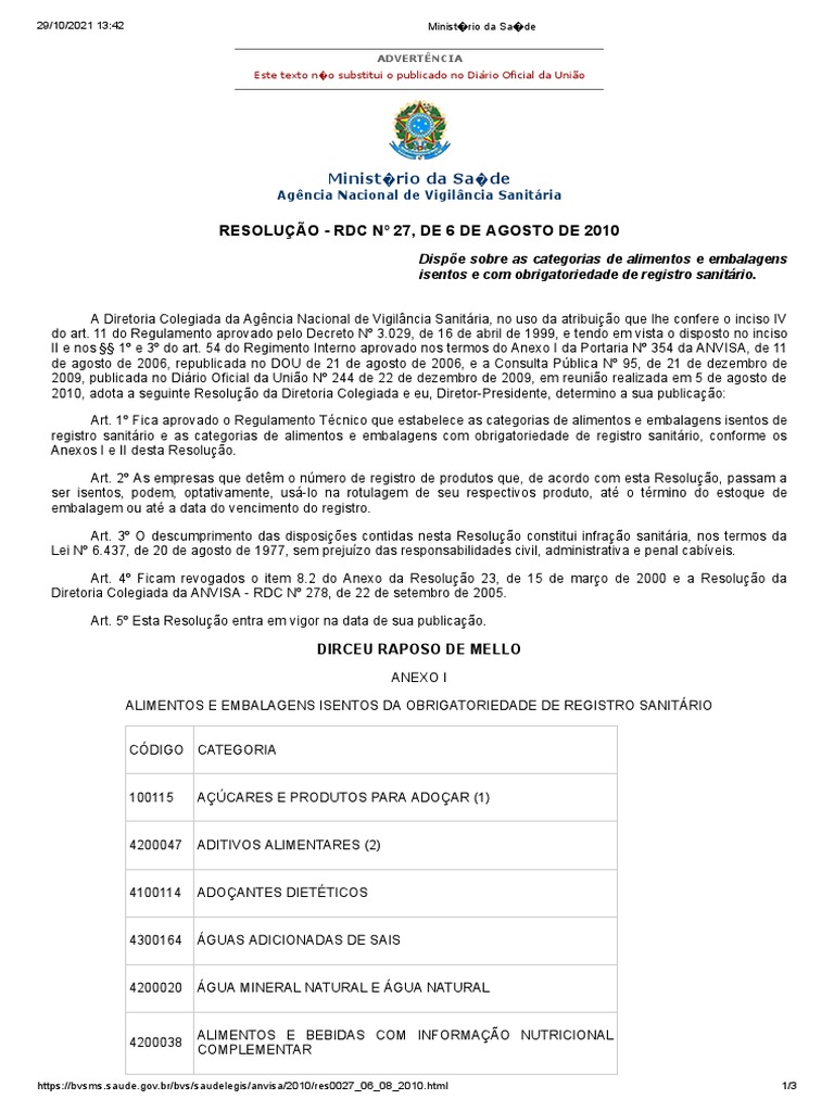 Resolução RDC 27/2010: Alimentos e Embalagens | PDF | Alimentos ...