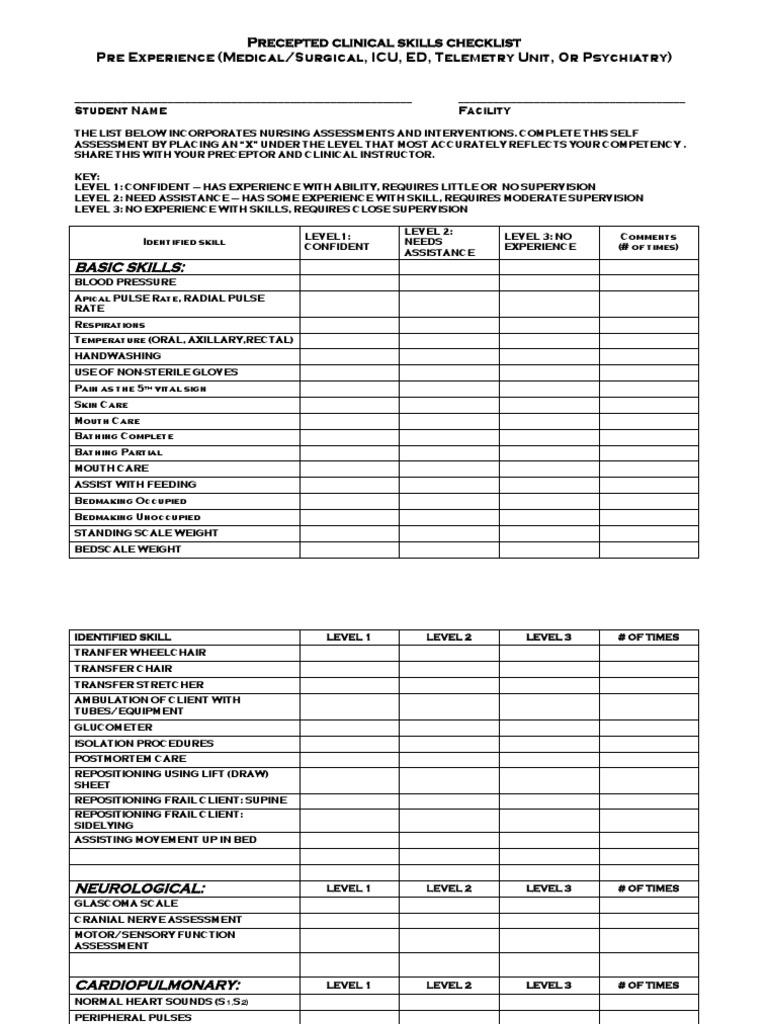 Precepted Clinical Skills Checklist Pre Experience (Medical/Surgical ...