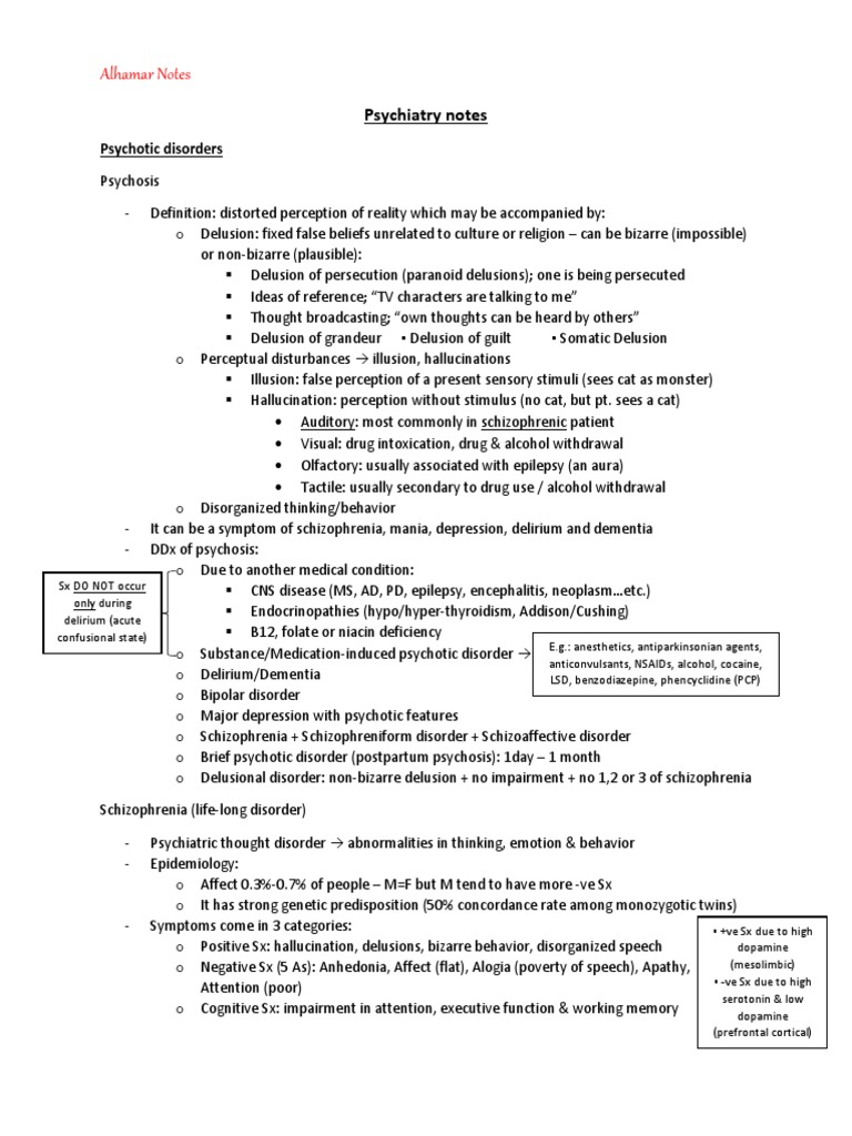 Psychiatry Notes: Psychotic & Mood Disorders | PDF | Anxiety Disorder ...