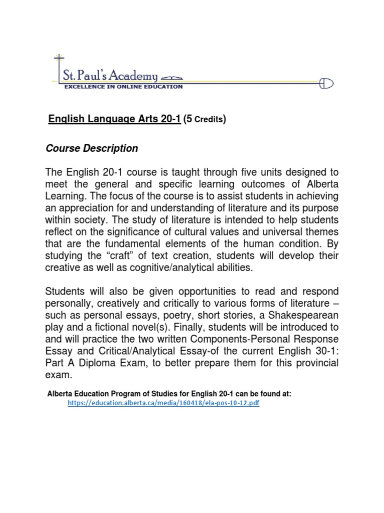 English Language Arts 20-1 (5) : Course Description | PDF