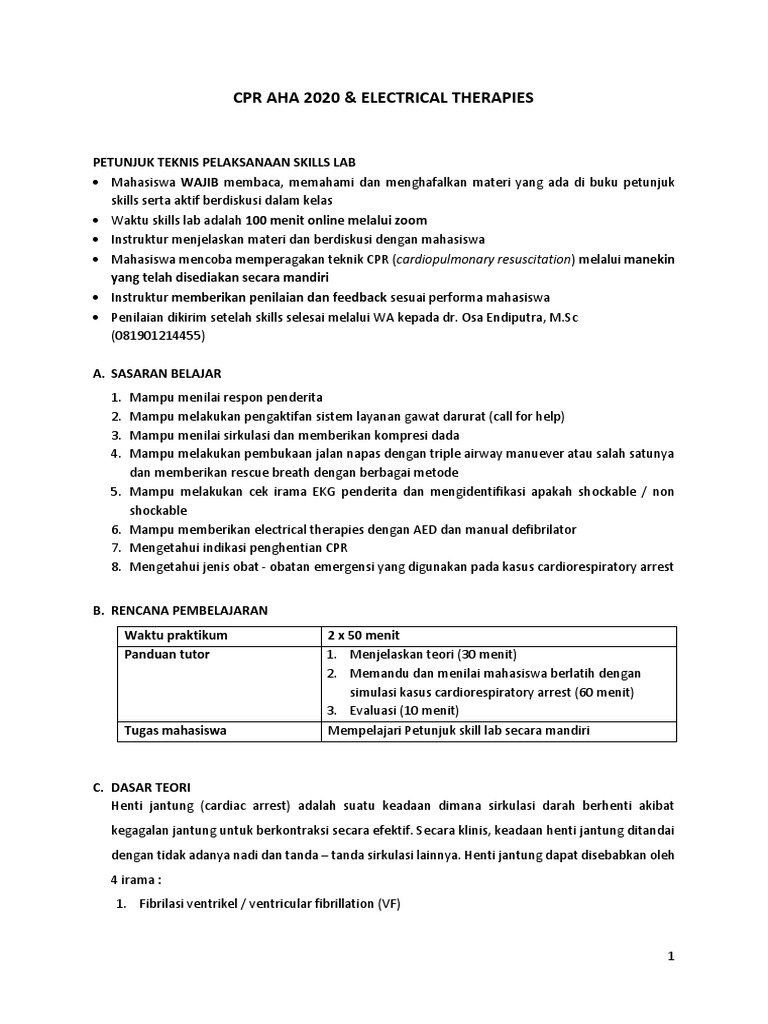 CPR Aha 2020 & Electrical Therapies: Petunjuk Teknis Pelaksanaan Skills ...
