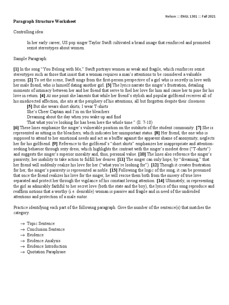Paragraph Structure Worksheet | PDF | Psychological Concepts | Human Nature