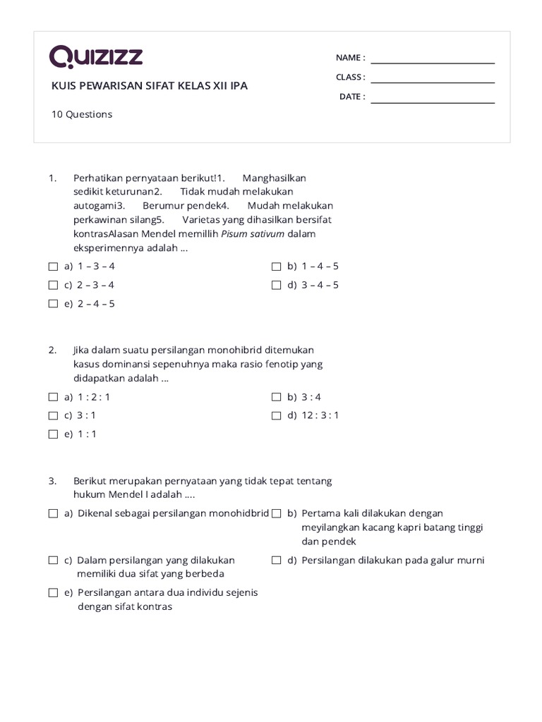 KUIS PEWARISAN SIFAT KELAS XII IPA - Print - Quizizz With Key | PDF