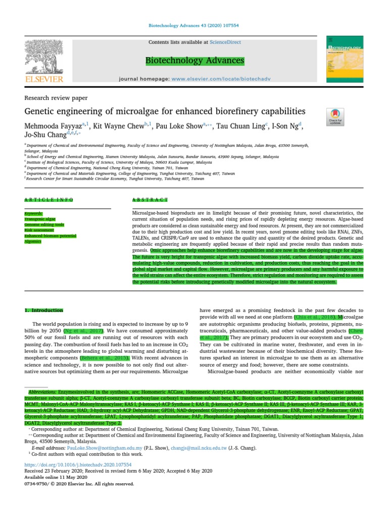 Genetic Engineering of Microalgae For Enhanced Biorefi - 2020 - Biotechnology | PDF | Crispr ...