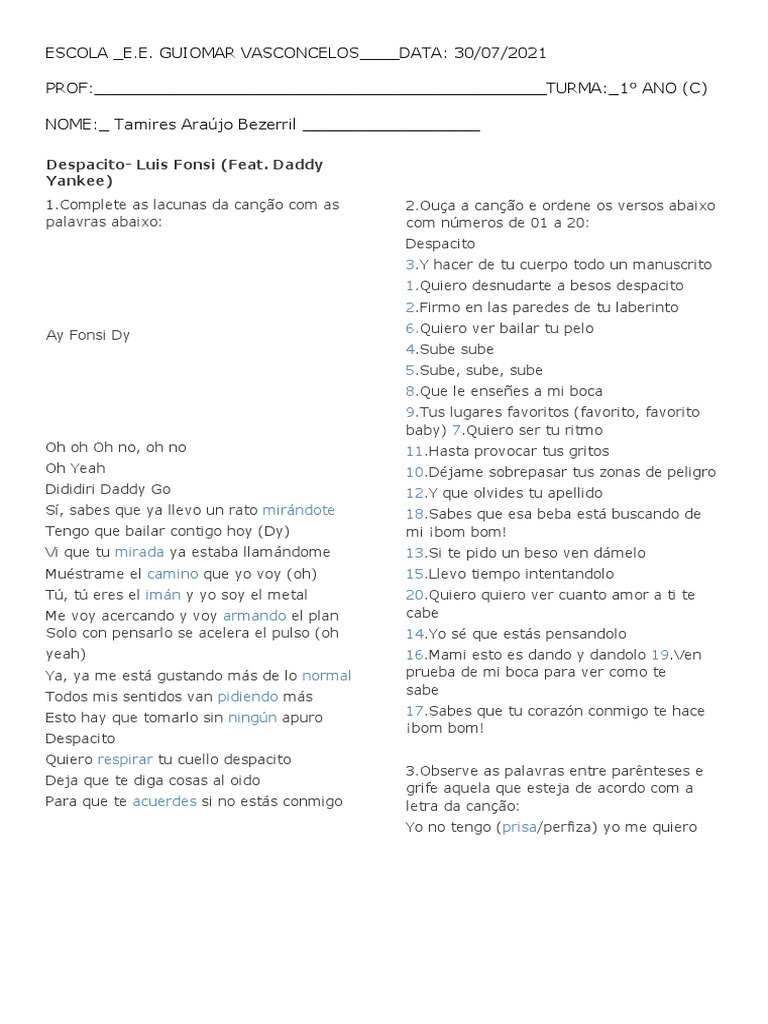 Actividades sobre la canción Despacito | PDF