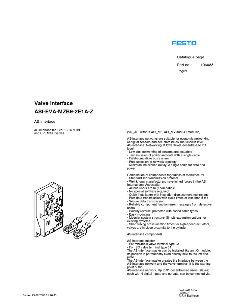 Valve Interface ASI-EVA-MZB9-2E1A-Z: Catalogue Page | PDF | Electrical ...