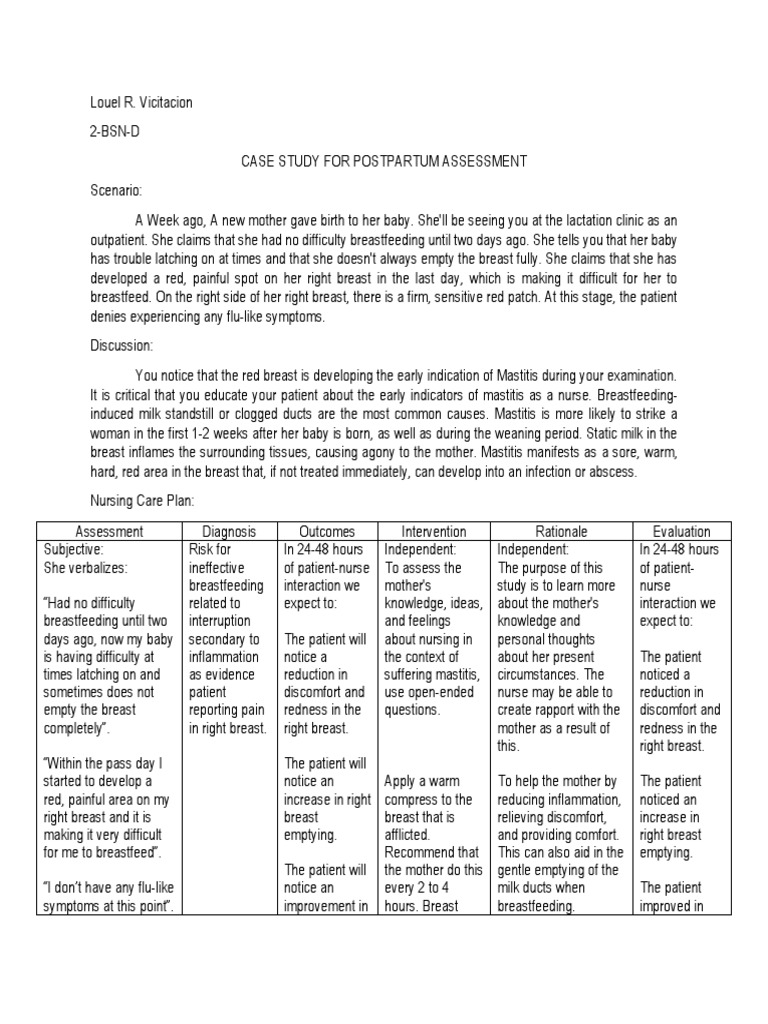 Nursing Care Plan for a New Mother with Early Signs of Mastitis | PDF ...