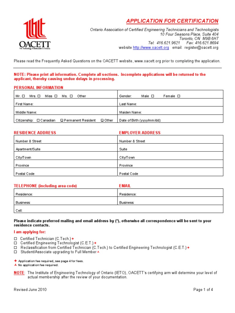 OACETT Certification Application Form | PDF | Notary Public | Academic ...