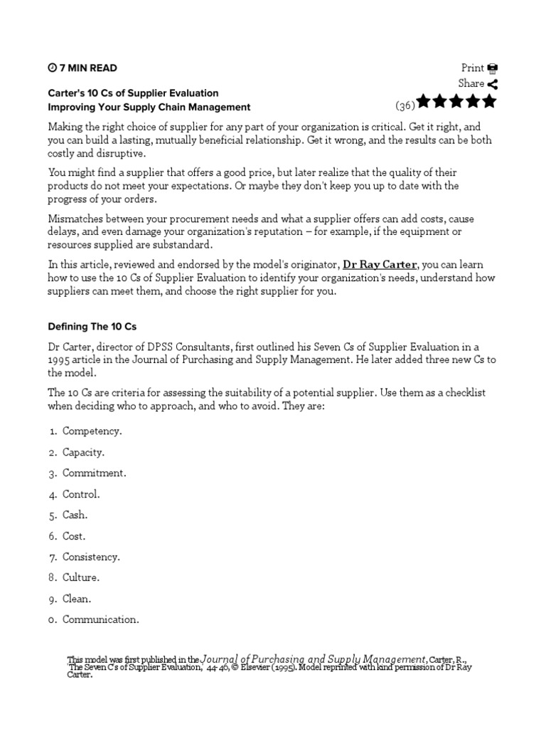 Carter's 10 Cs of Supplier Evaluation | PDF | Supply Chain | Customer