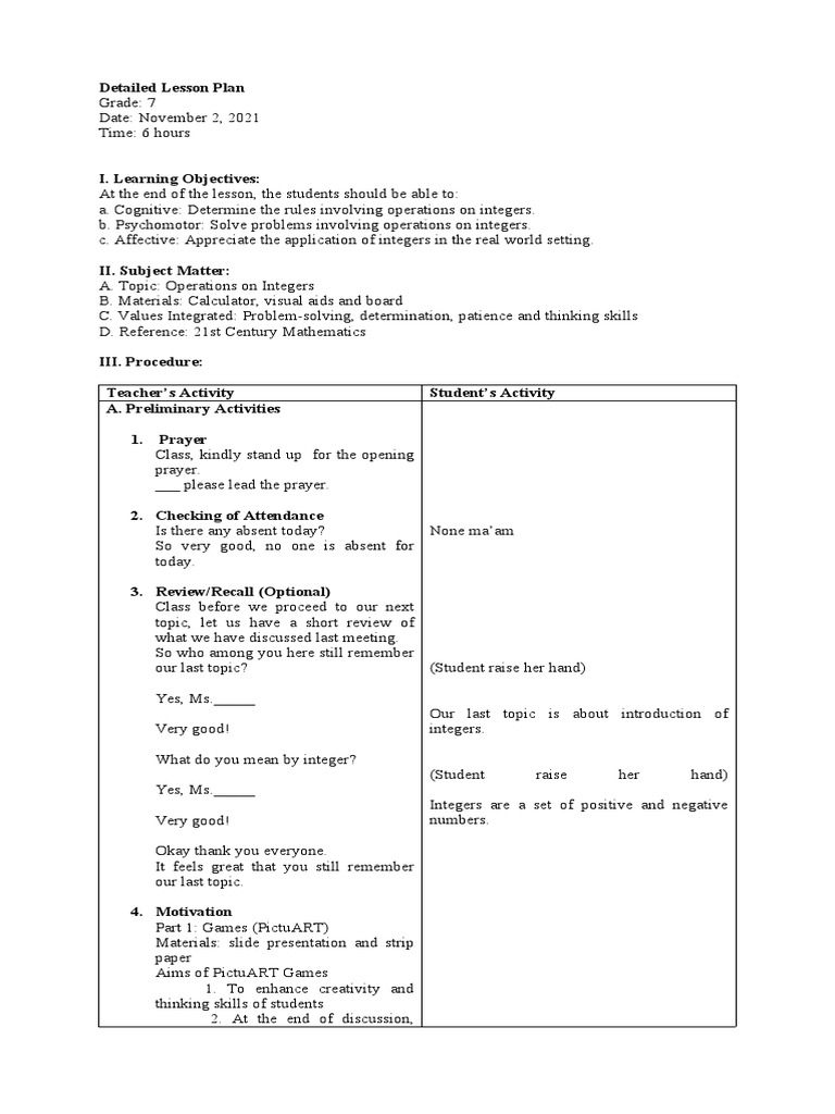 Lesson Plan Integers | PDF | Lesson Plan | Multiplication