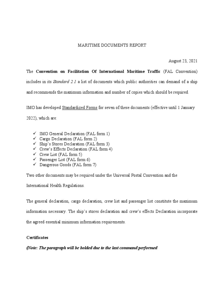 Maritime Documents Report Summary | PDF