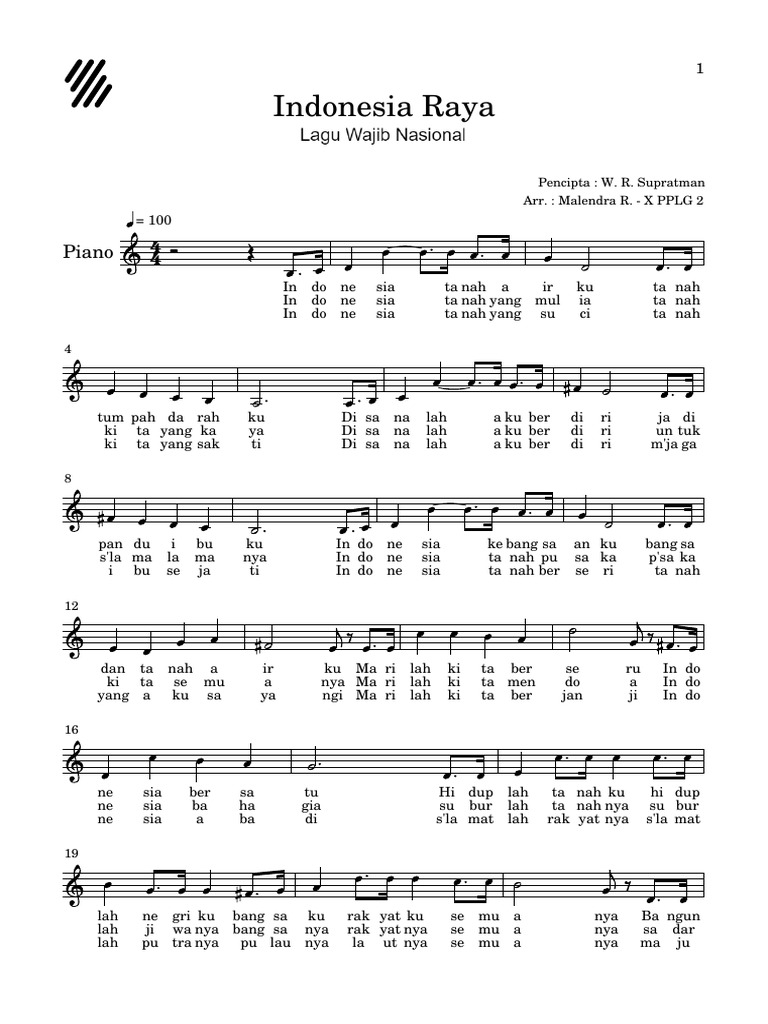 Indonesia Raya Piano Score | PDF | Kajian Bahasa Asing