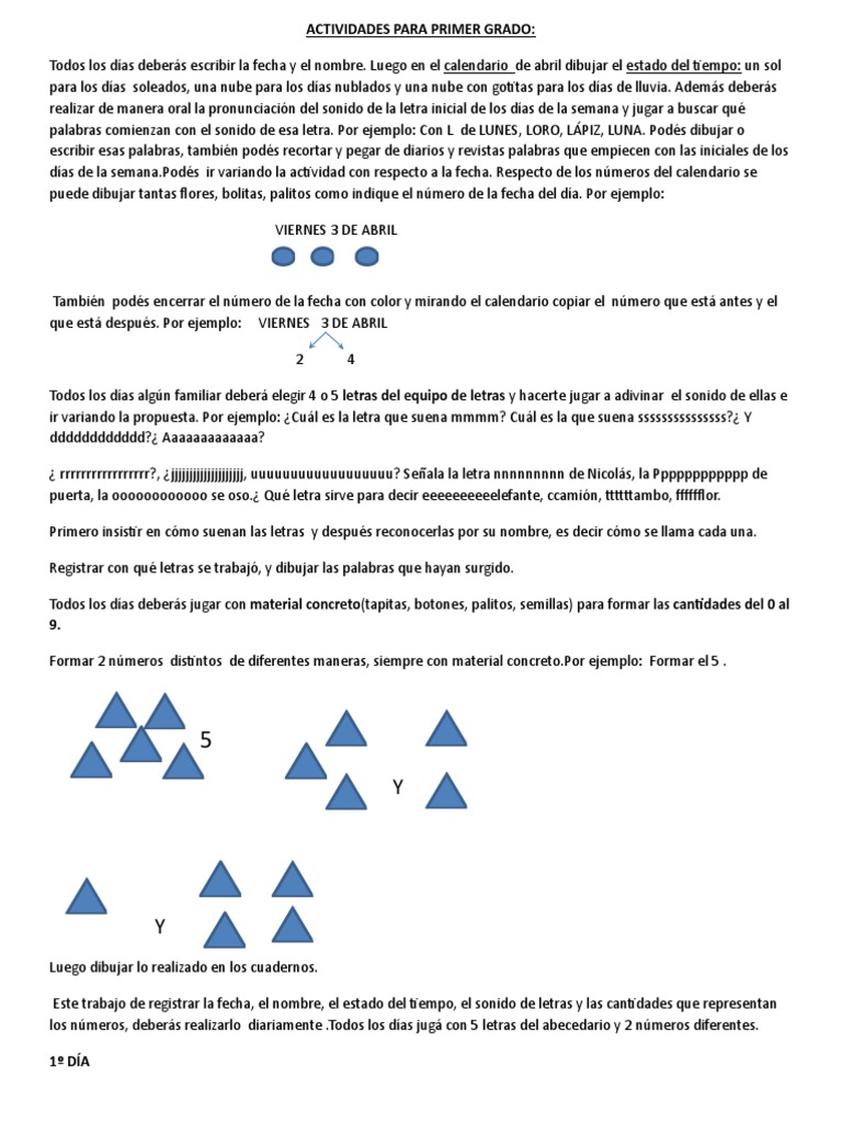 Actividades Diarias para Primer Grado | PDF | Calendario | Escritura
