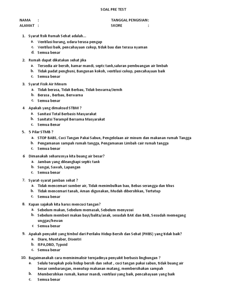 Soal Pre dan Post Test STBM | PDF