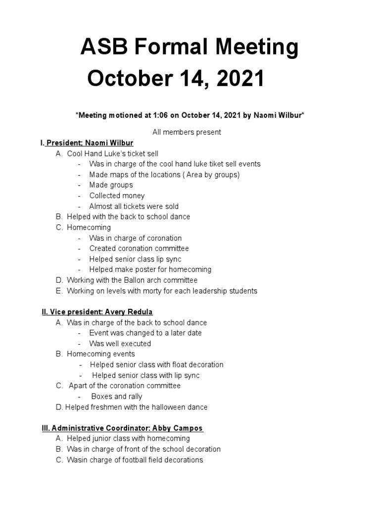 Asb Meeting Minutes Sept October 2021 | PDF | Traditions | Schools