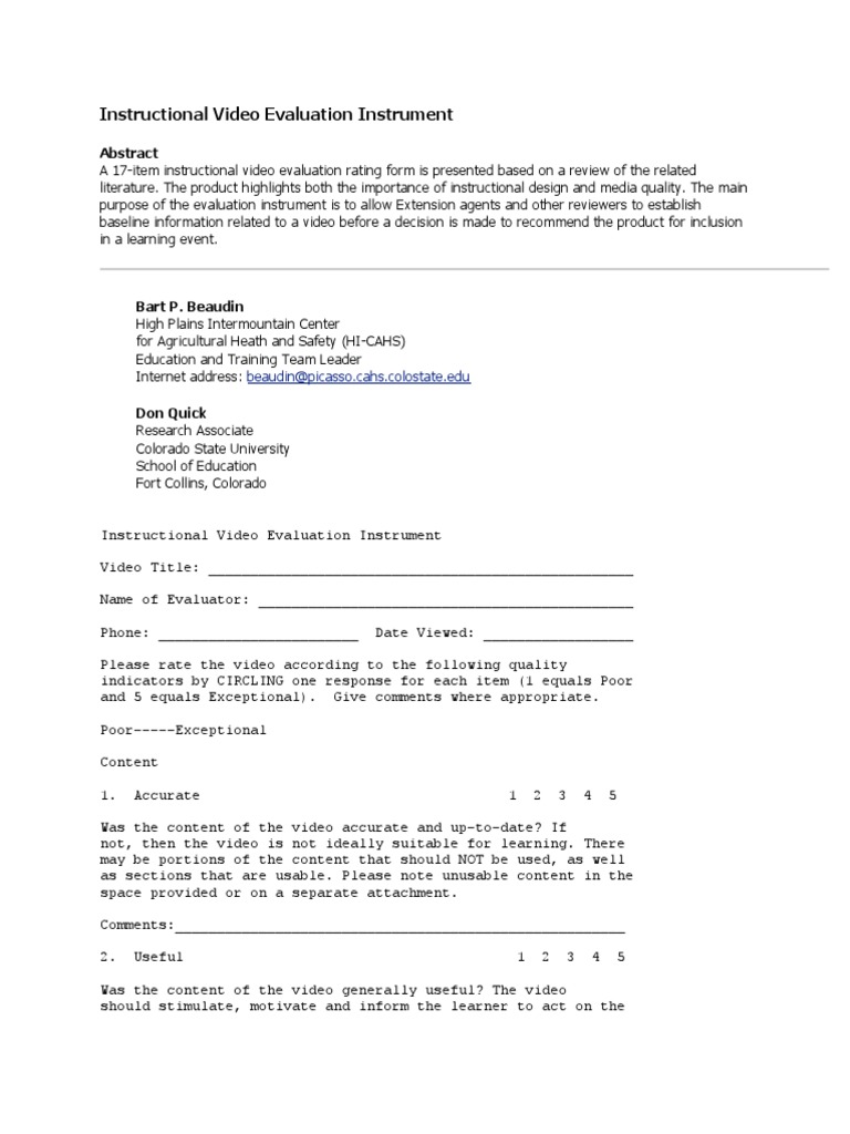 Instructional Video Evaluation Instrument | PDF | Learning | Video