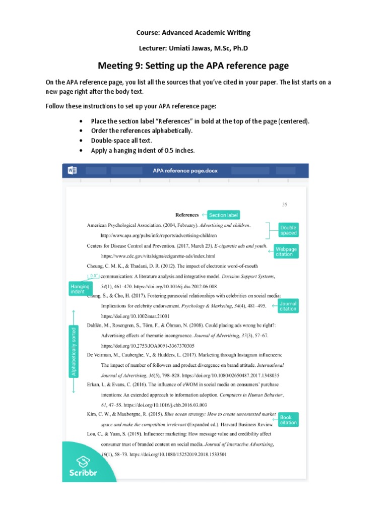 Meeting 9: Setting Up The APA Reference Page: Course: Advanced Academic ...