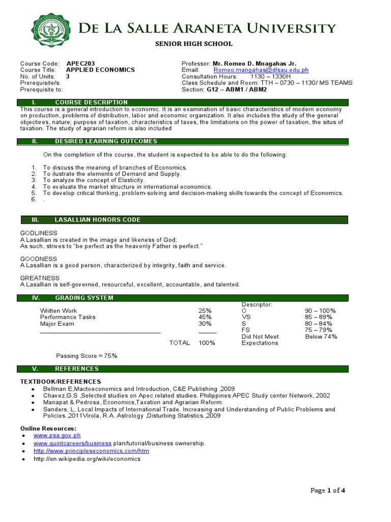 APPLIED ECONOMICS - Syllabus | PDF | Economics | Economies