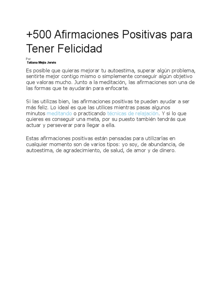 500 Afirmaciones Positivas para Tener Felicidad | PDF | Amor | Autoestima