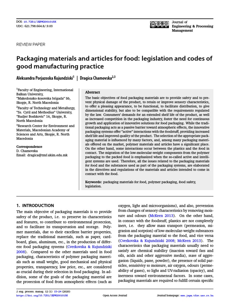 Packaging Materials and Articles For Food: Legislation and Codes of ...